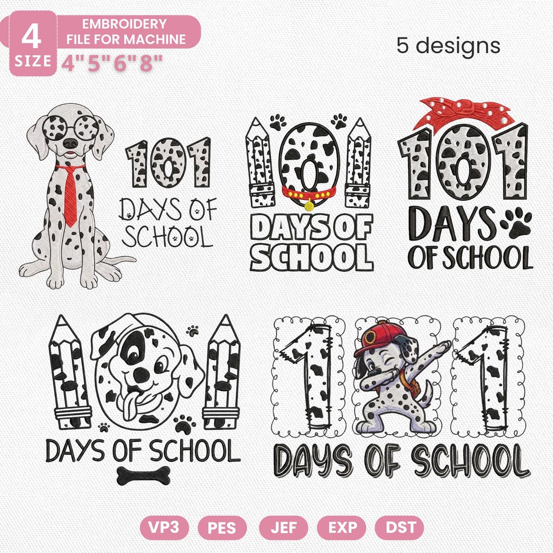 101 Days of School Embroidery Bundle, Dalmatian I Survived 100 Days ...
