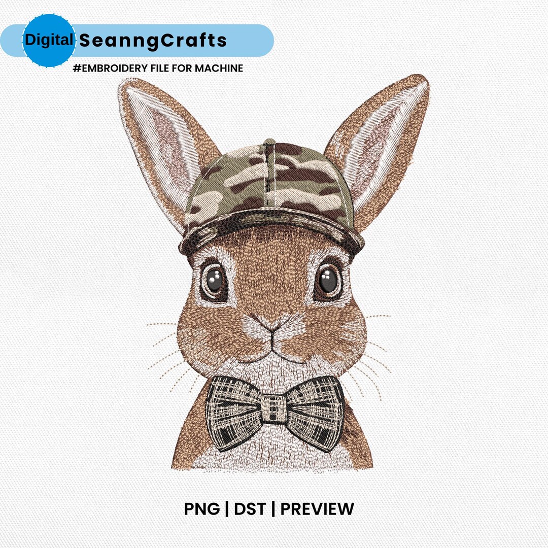 Camo Easter Bunny Embroidery Design – Bunny With Bow Embroidery File ...