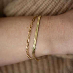 Snake Chain Gold Bracelet Herringbone Stacking Bracelet Tarnish Free Stainless Steel Chunky Flat ...