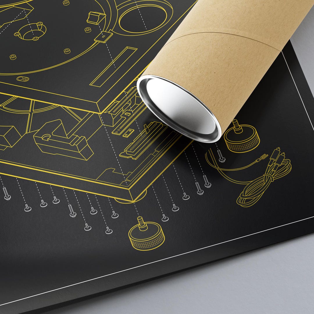 Record Player Blueprint Poster, Retro Schematic Art Print, Black Yellow ...