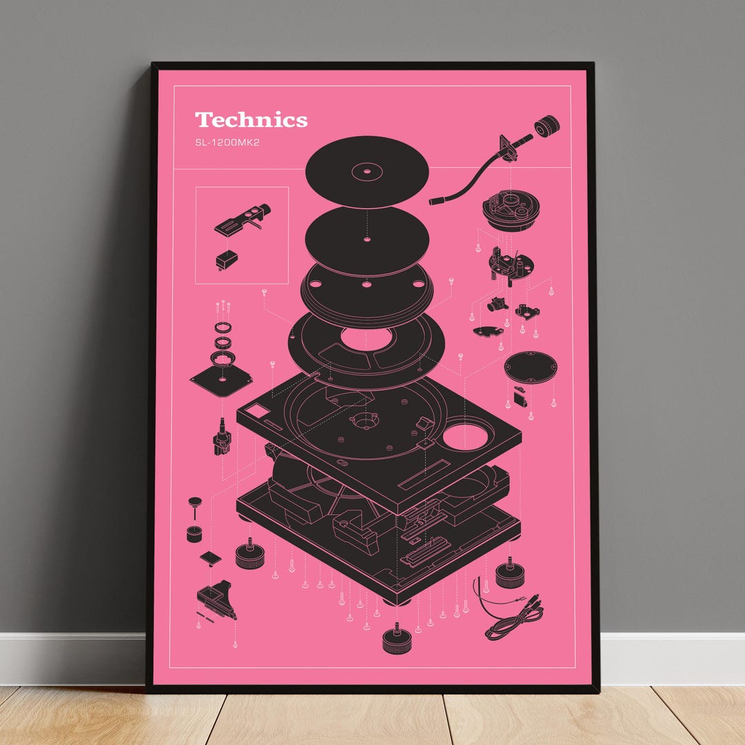 Technics SL-1200MK2 Turntable Poster Schematic Wall Art Print DJ Studio ...