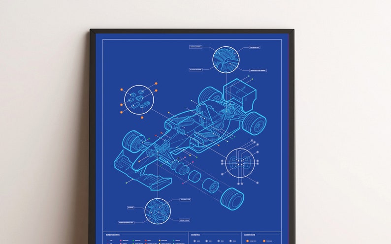 F1 Blueprint Schematic Art Poster, Formula 1 Car Exploded Diagram ...