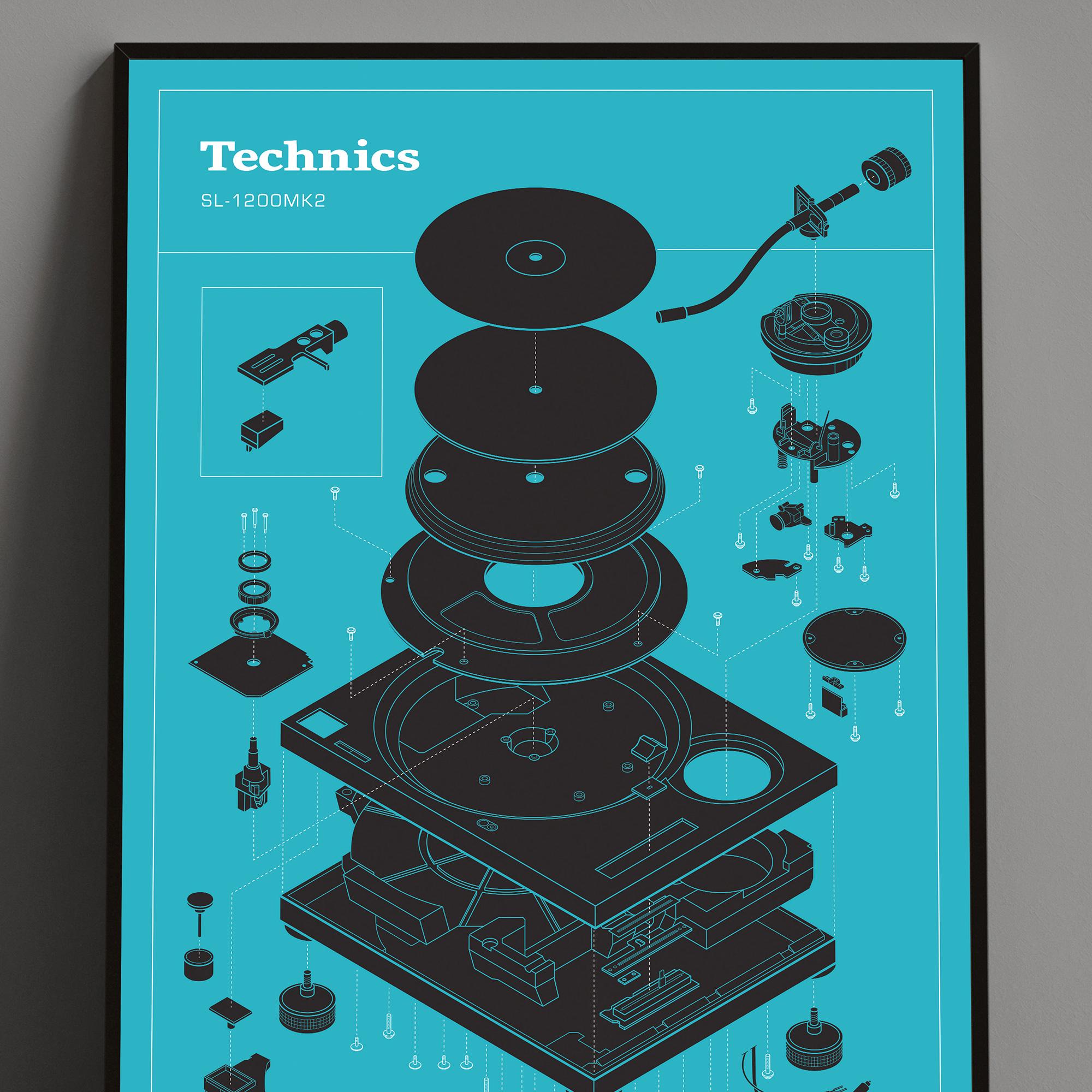 Technics 1200 Record Player Schematic Wall Art, DJ Turntable Blueprint ...