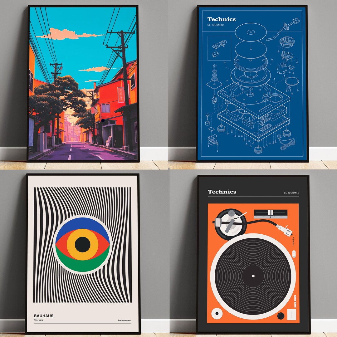 Set of 4 Cool Posters, Technics 1200 Schematic Prints, Vinyl Record ...
