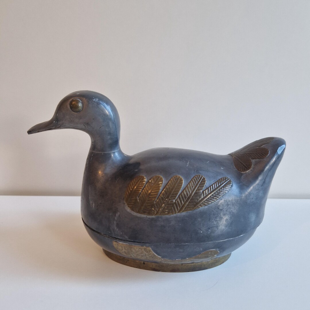 Pewter Duck Figurine , Lovely Trinket Box, Vintage Brass Animal, Mid ...
