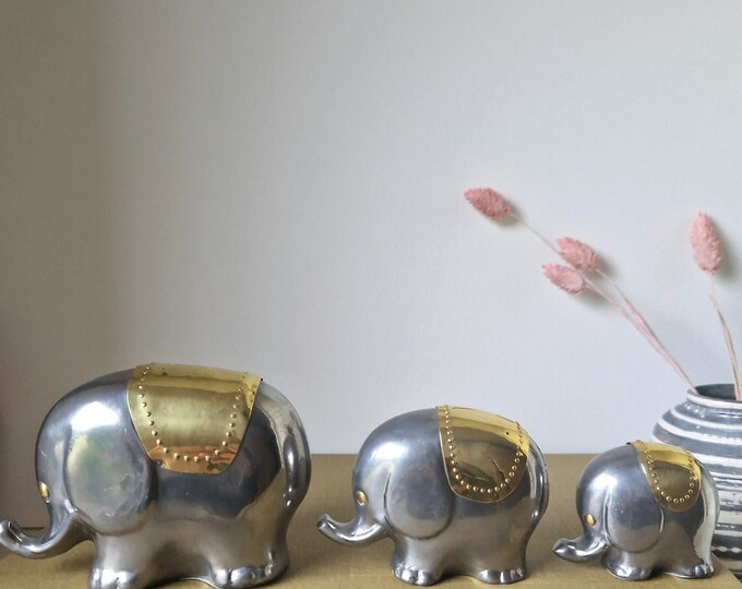 Tiny Elephant Family, Vintage Cute Tin Animal, Mid Century Silver Color ...