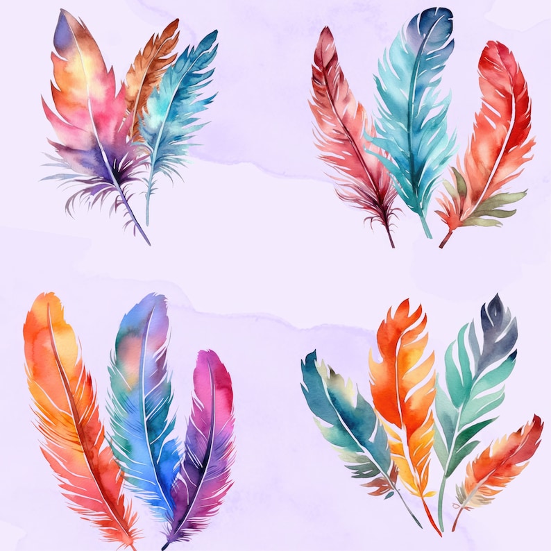 Watercolor Feathers Clipart - Colorful Feather Commercial Use, Scrapbook, PNG - Etsy