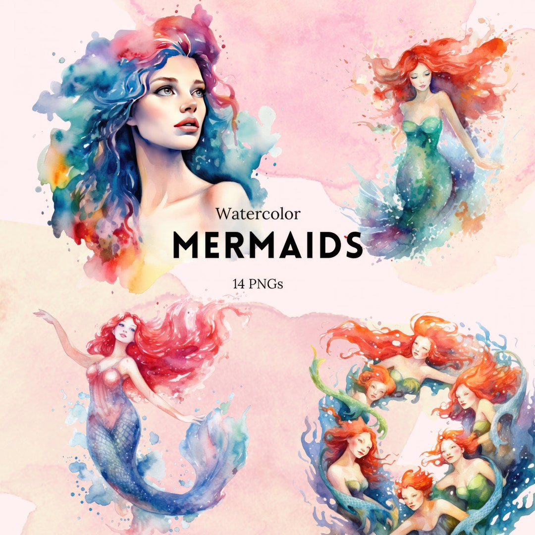 Watercolor Mermaids Clipart - Ocean Underwater Mythical, Commercial Use ...