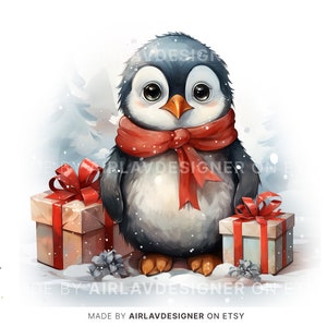 Christmas Penguin Watercolor Clipart Collection Digital Download Pack ...
