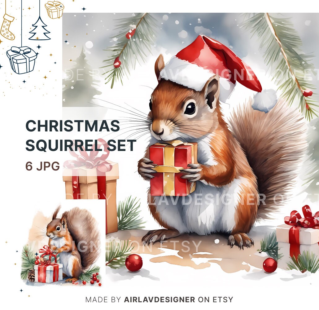 Whimsical Christmas Squirrel Clipart Set 6 High Quality Jpgs, Digital ...