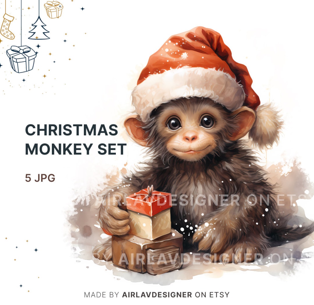Christmas Monkey Clipart Bundle 5 JPG Files Instant Watercolor Digital ...