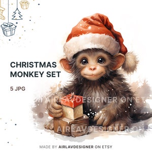 Christmas Monkey Clipart Bundle 5 JPG Files Instant Watercolor Digital ...