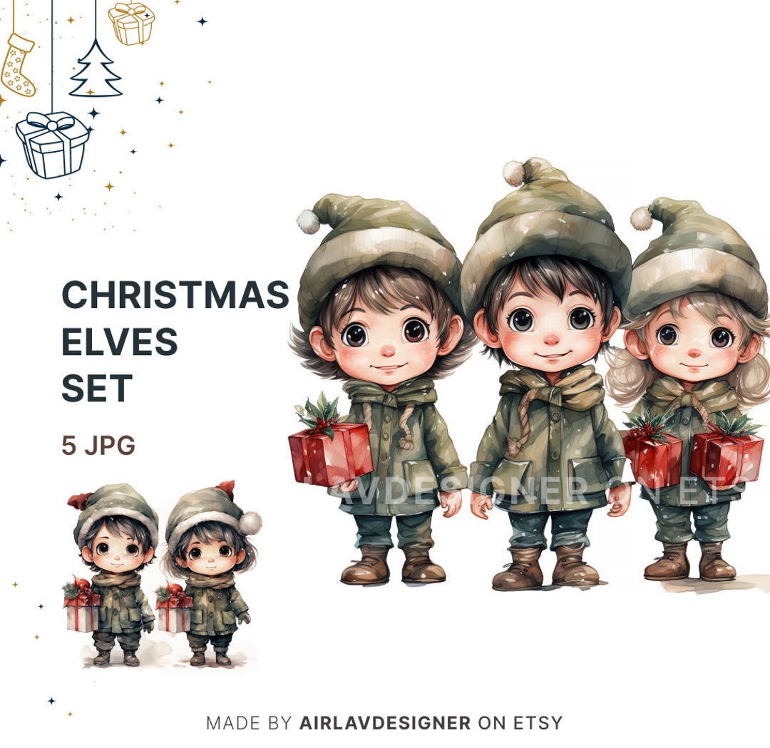 Christmas Elves Watercolor Clipart Bundle 5 Digital Download - Etsy