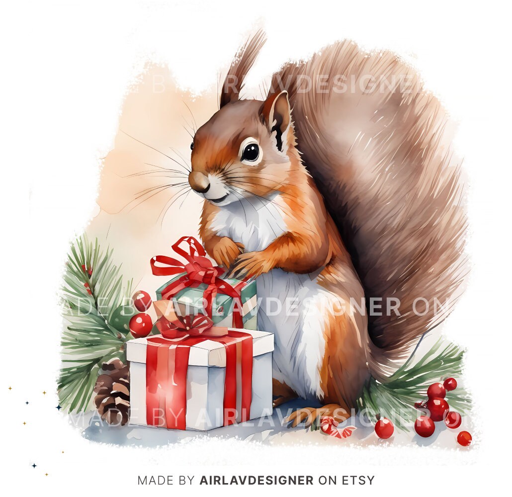 Whimsical Christmas Squirrel Clipart Set 6 High Quality Jpgs, Digital ...