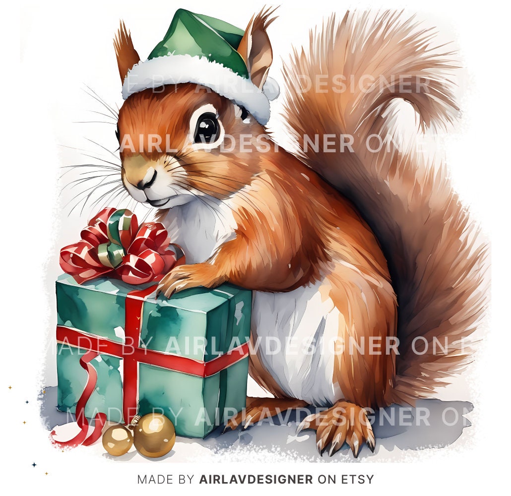 Whimsical Christmas Squirrel Clipart Set 6 High Quality Jpgs, Digital ...