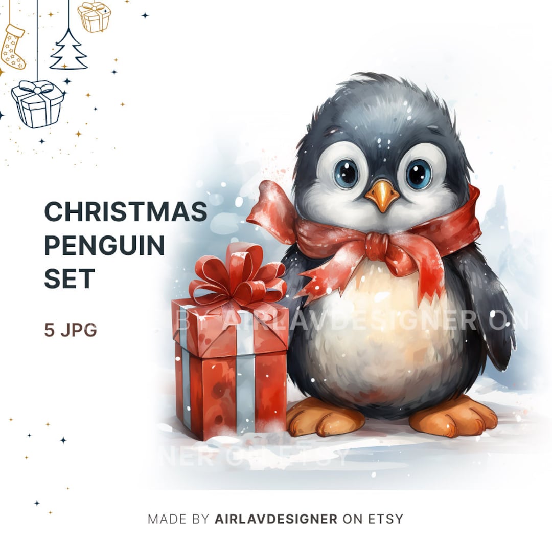 Christmas Penguin Watercolor Clipart Collection Digital Download Pack ...