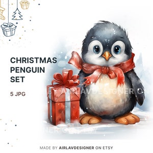 Christmas Penguin Watercolor Clipart Collection Digital Download Pack ...