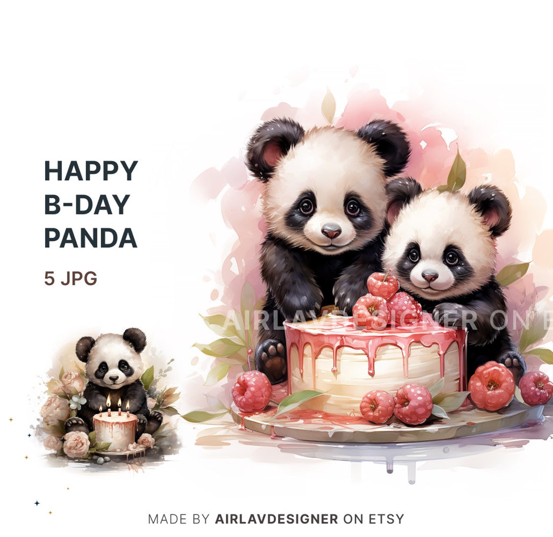 Watercolor Happy Birthday Panda Clip Art Bundle 5 JPG Files for Digital ...