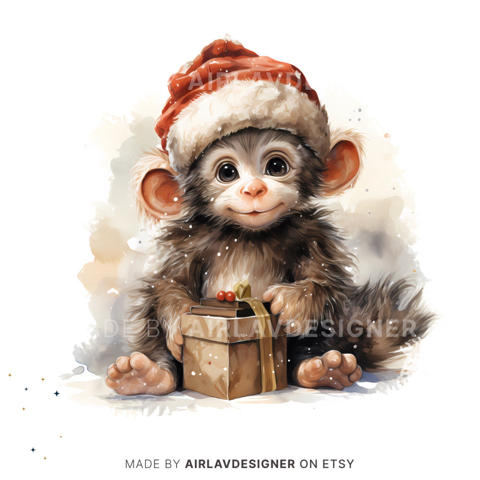 Christmas Monkey Clipart Bundle 5 JPG Files Instant Watercolor Digital ...