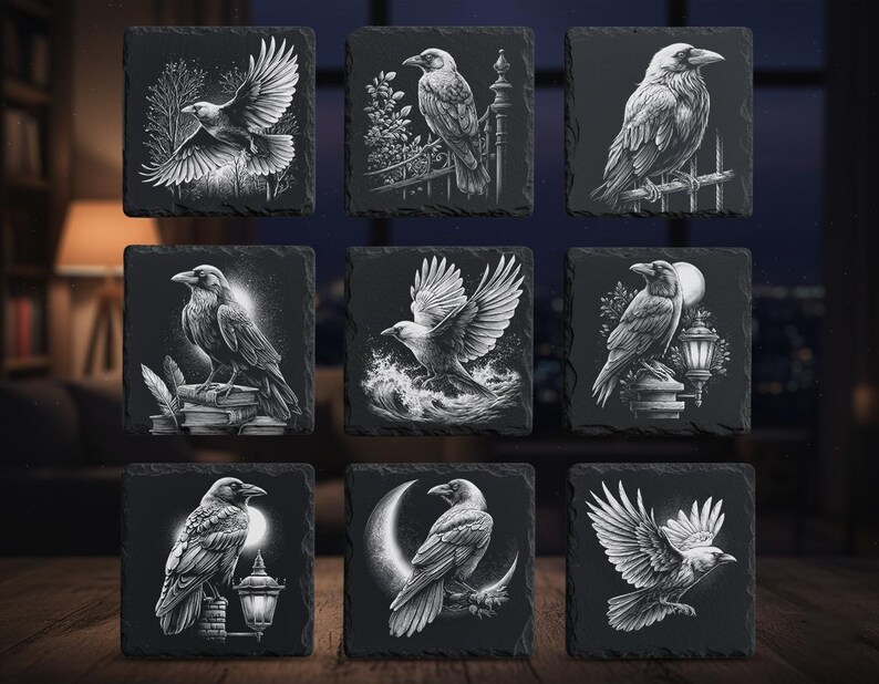 Raven and Crow Engraving Files – Laser Ready PNG for Slate Coasters ...