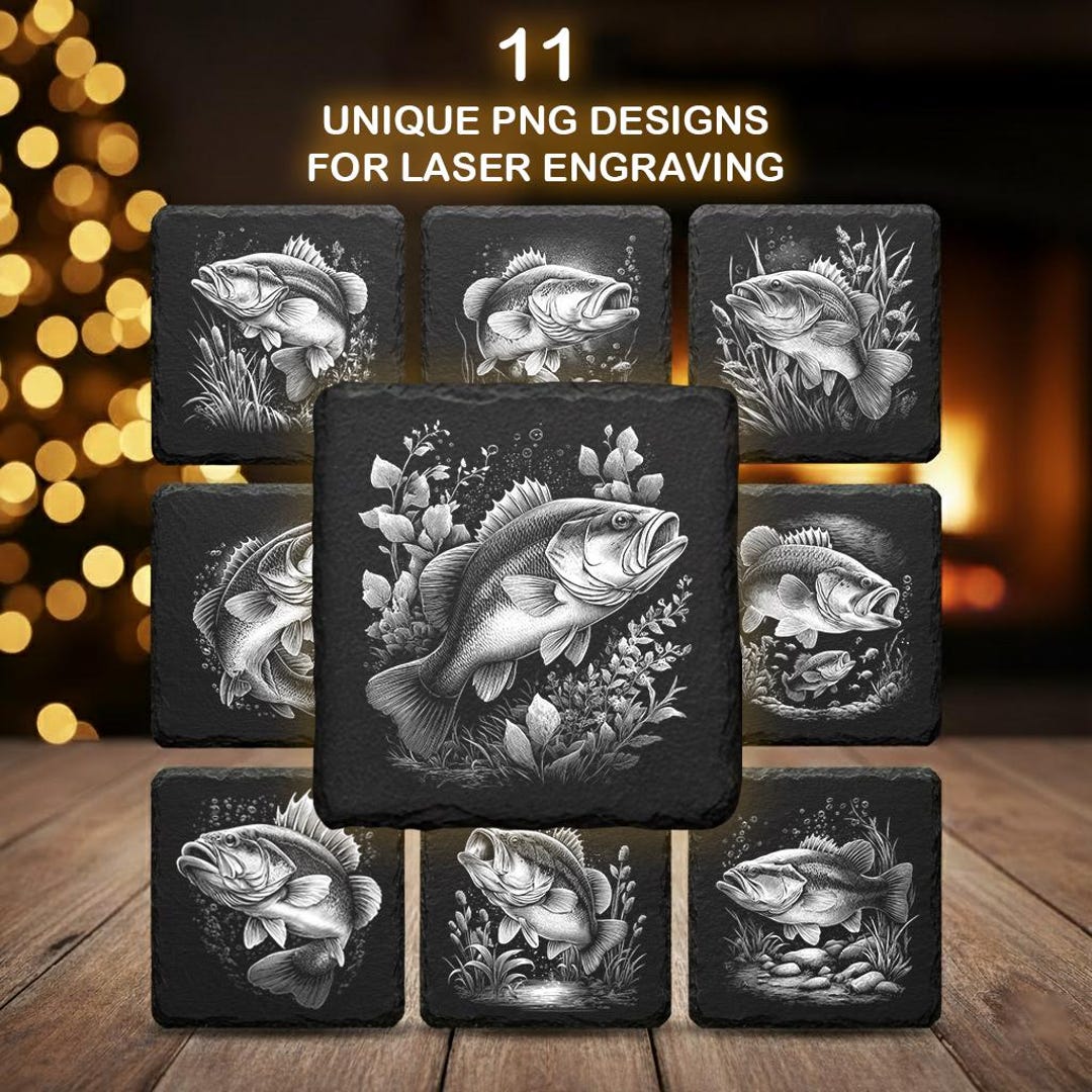 Bass Fish Engraving Bundle – Fishing Laser Ready PNG for Slate Coasters ...