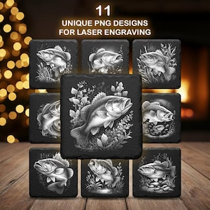 Bass Fish Engraving Bundle – Fishing Laser Ready PNG for Slate Coasters ...
