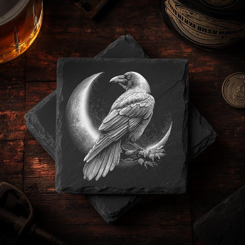 Raven and Crow Engraving Files – Laser Ready PNG for Slate Coasters ...