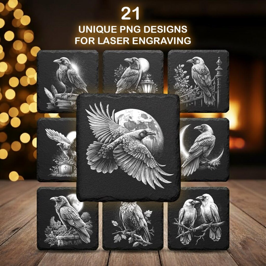 Raven and Crow Engraving Files – Laser Ready PNG for Slate Coasters ...