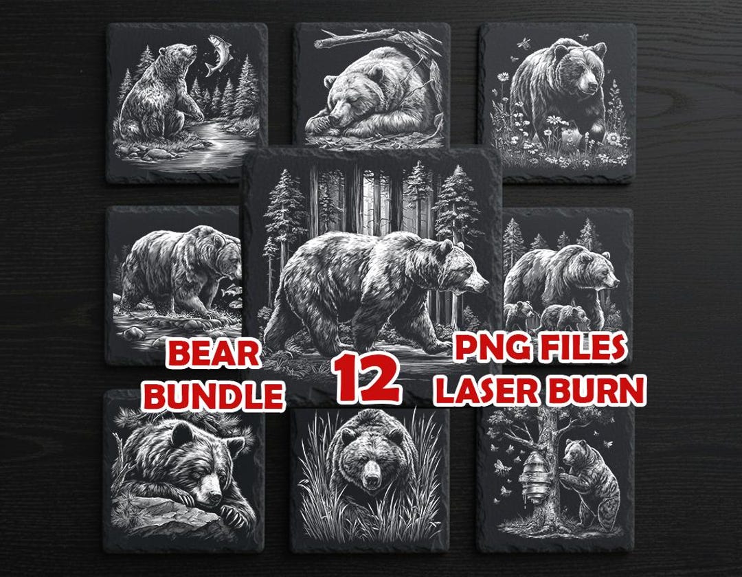 Bear Laser Engraving Bundle – 12 Wildlife PNG Files for Slate Coasters ...