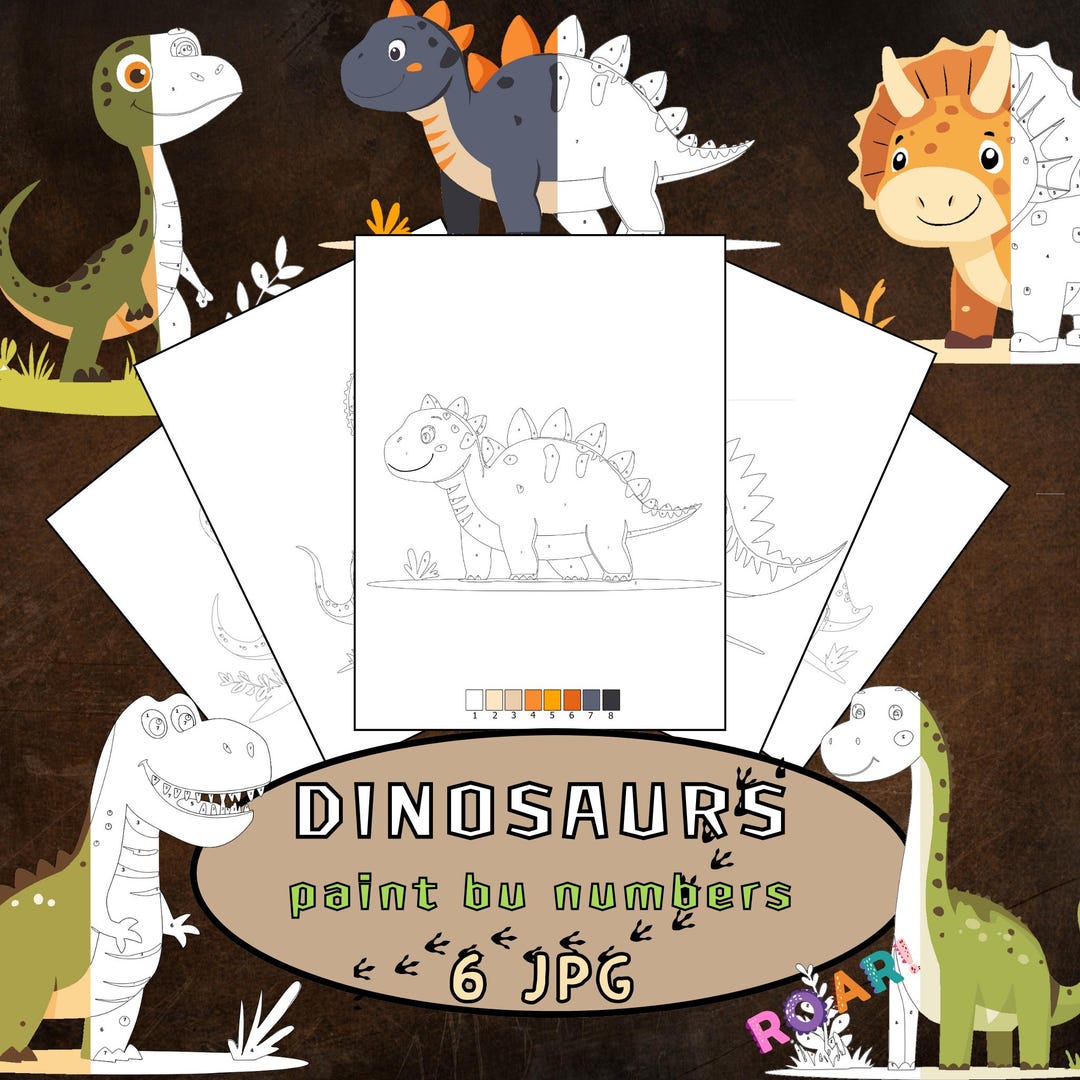Dinosaur Paint by Numbers | Coloring Pages Set | Printable Dinosaur Art ...
