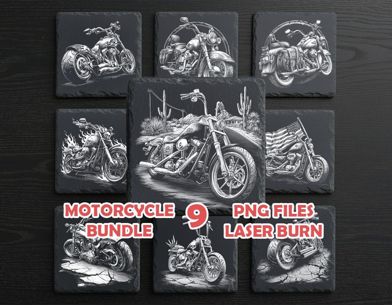 Motorcycle Laser Engraving PNG Bundle – Design for Slate Coasters ...