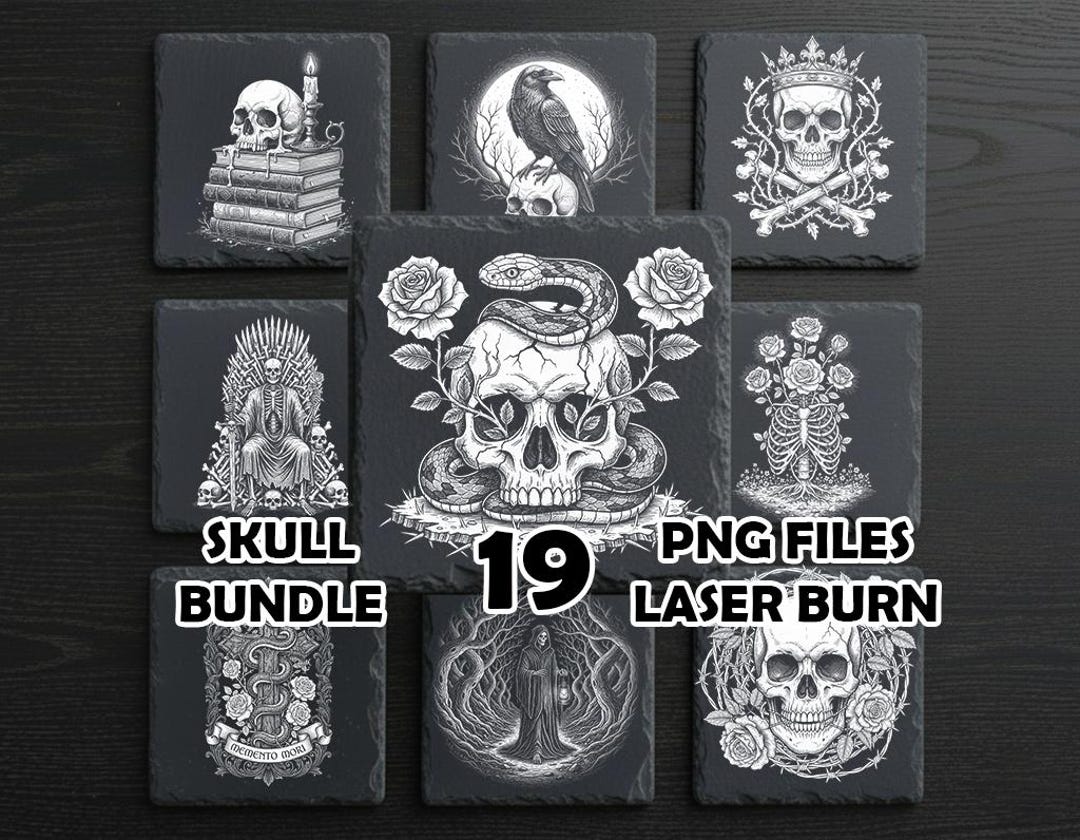 Skull Laser Engraving Bundle – 19 Gothic PNG Files for Slate Coasters ...