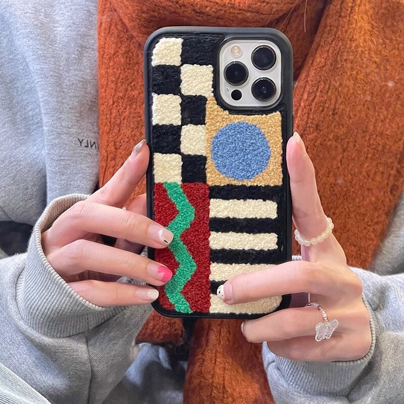 TGF Korean Splicing Geometry Lattice Plush Soft Case for iPhone 13 12 7 ...