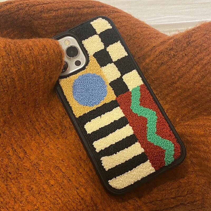 TGF Korean Splicing Geometry Lattice Plush Soft Case for iPhone 13 12 7 ...