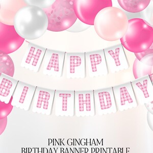 Pink Gingham Happy Birthday Banner Printable, Pink Gingham Birthday ...