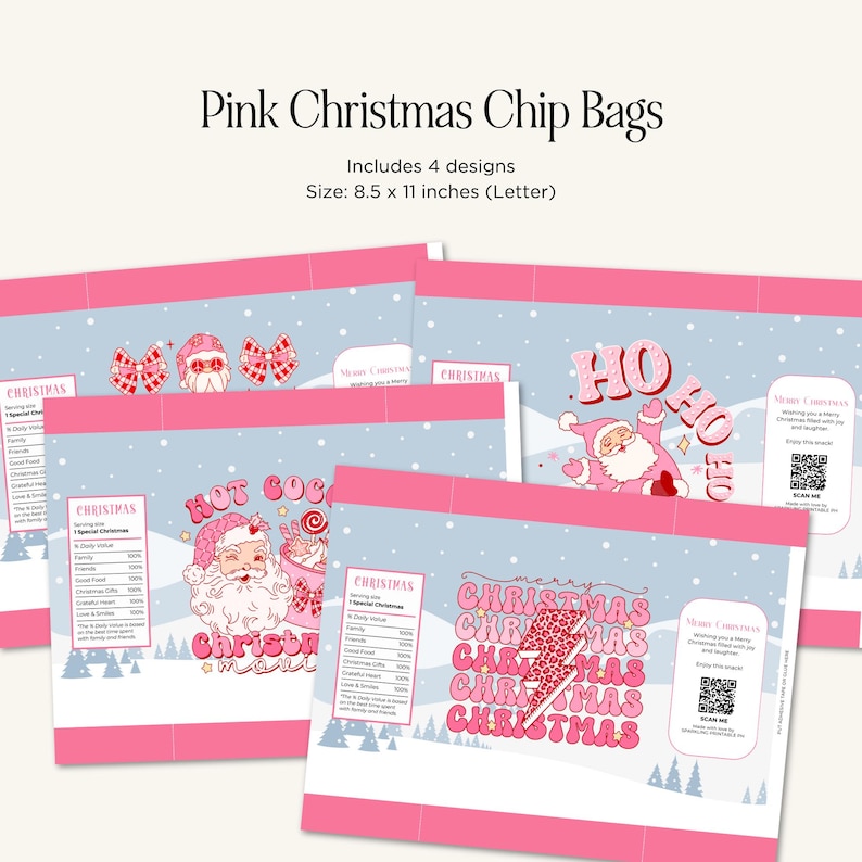 Pink Christmas Chip Bags Printable, Chip Bag Template, Christmas Candy ...