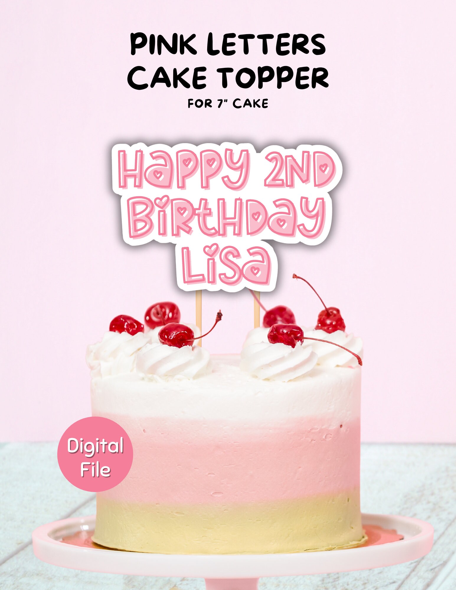 Pink Cake Topper Printable, Pink Letters Cake Toppers, Custom Birthday ...