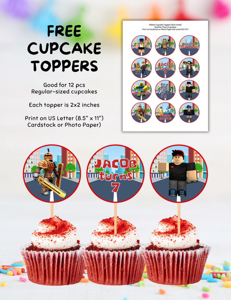 Roblox Cake Topper for Boys Printable With Free 12 Pcs Roblox Cupcake ...