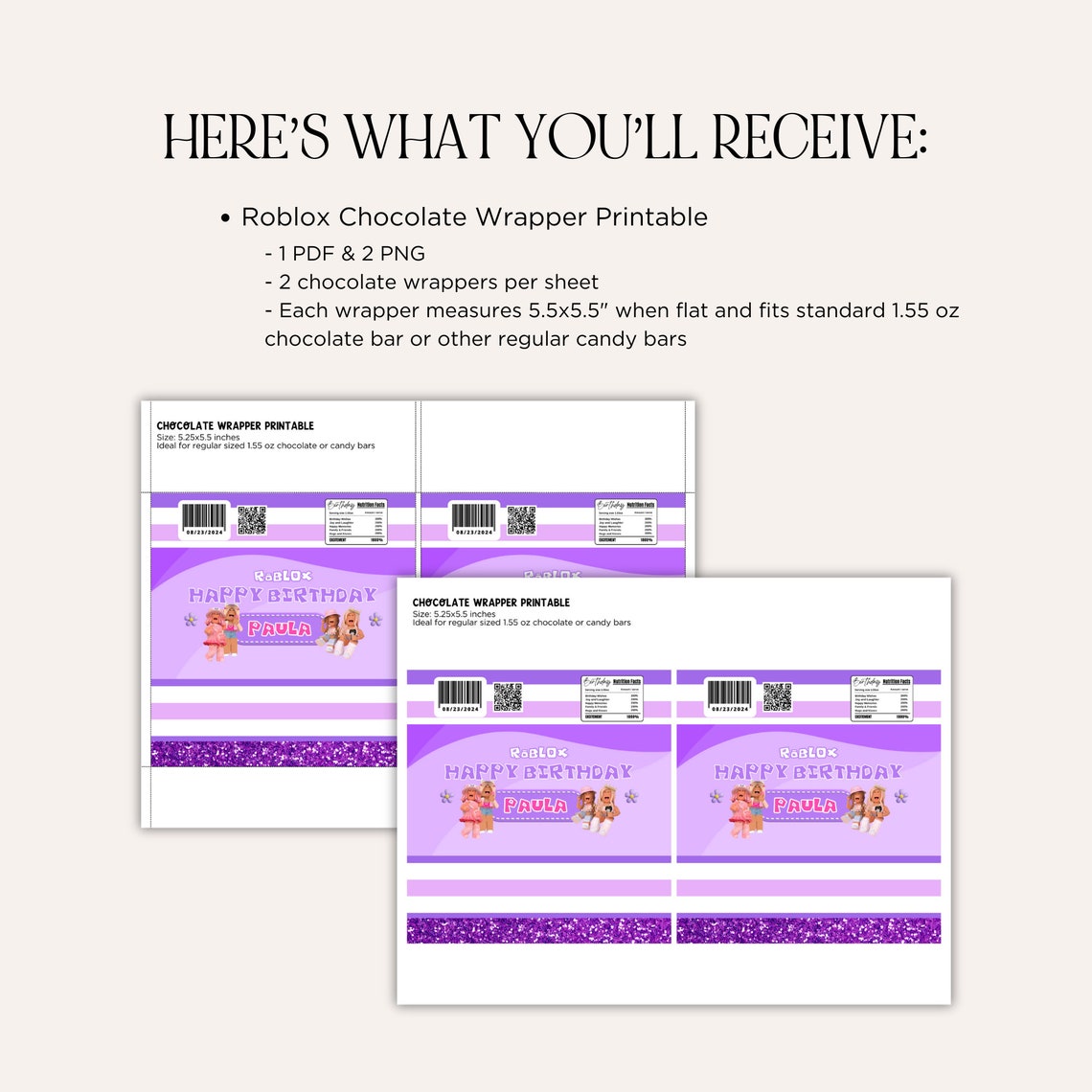 Roblox Girls Party Chocolate Wrapper Printable, Roblox Girl Chocolate Bar Wrapper, Roblox Candy ...