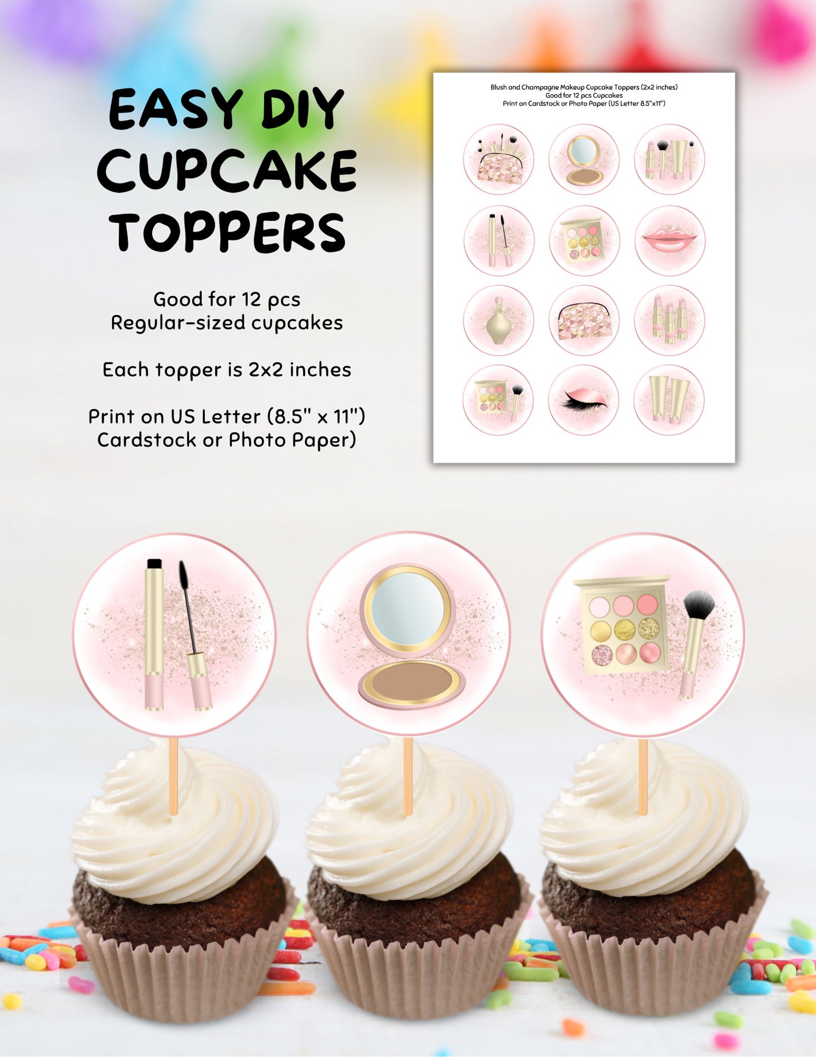 Blush and Champagne Makeup Cupcake Topper Printable, Makeup Cupcake ...