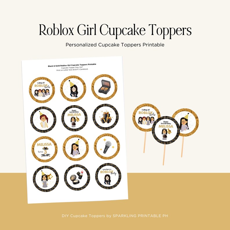Roblox Girl Cupcake Toppers Printable, Roblox Girl Cupcakes, Gold ...