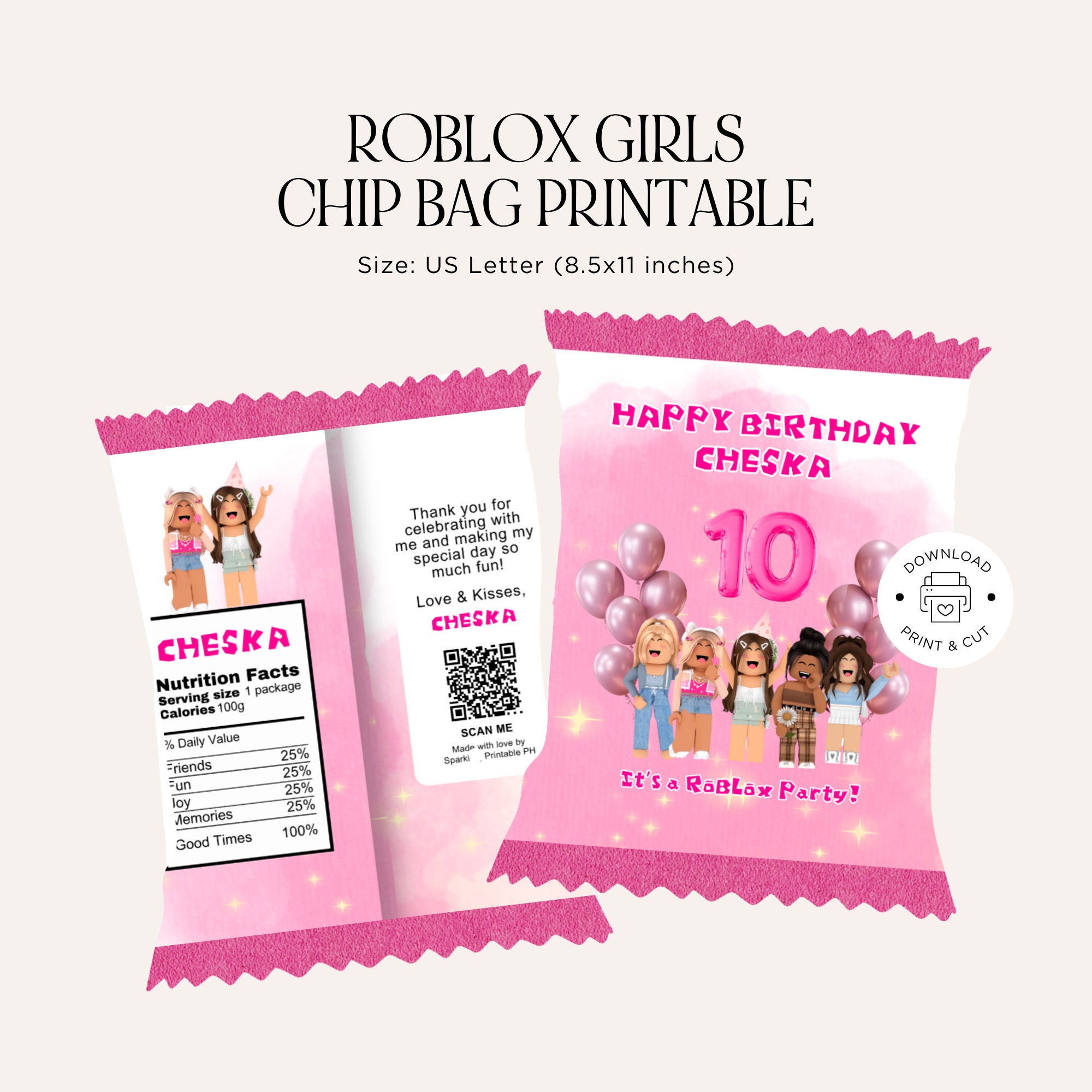 Roblox Girl Chip Bag Printable, Roblox Girl Chip Bags, Roblox Chip Bag ...