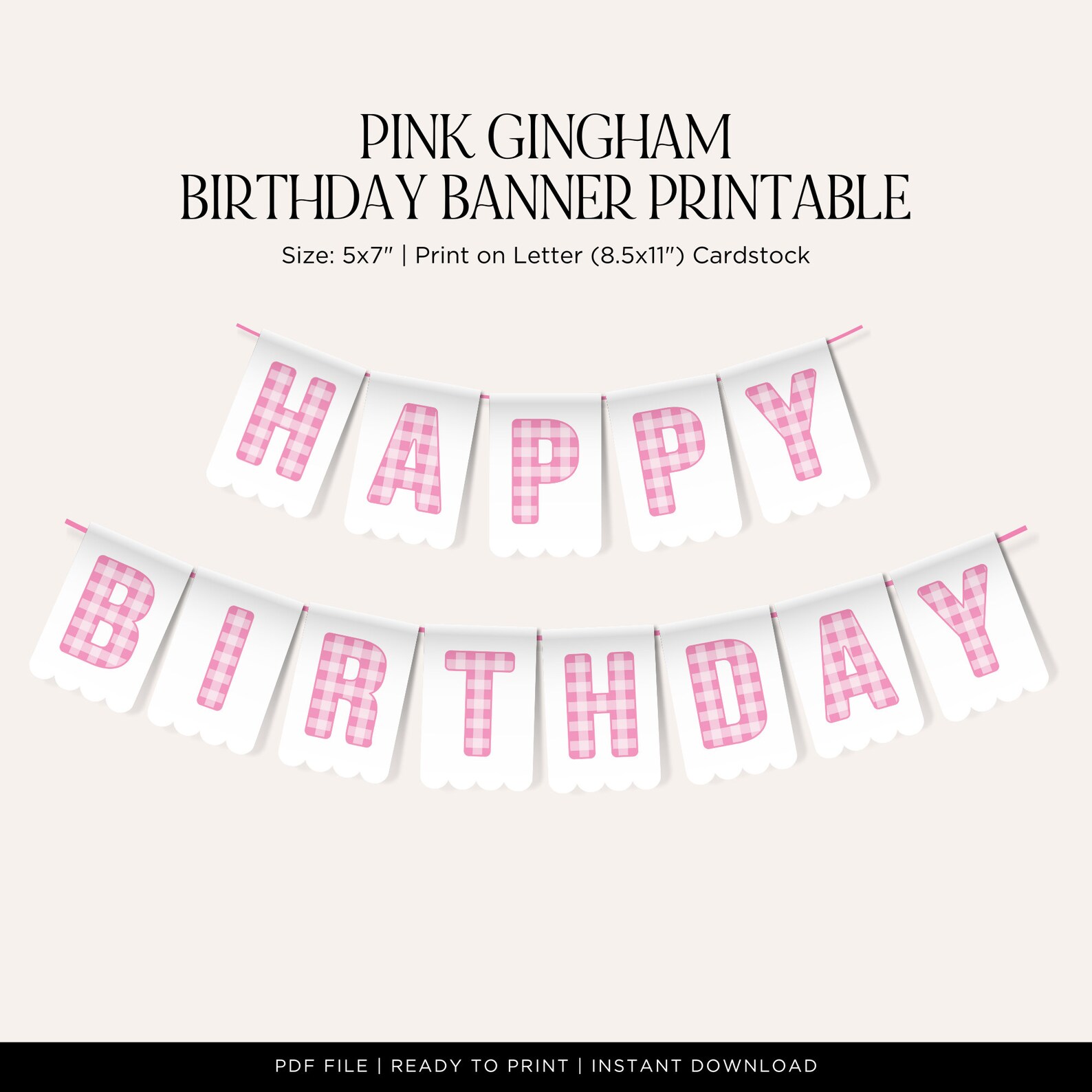 Pink Gingham Happy Birthday Banner Printable, Pink Gingham Birthday ...