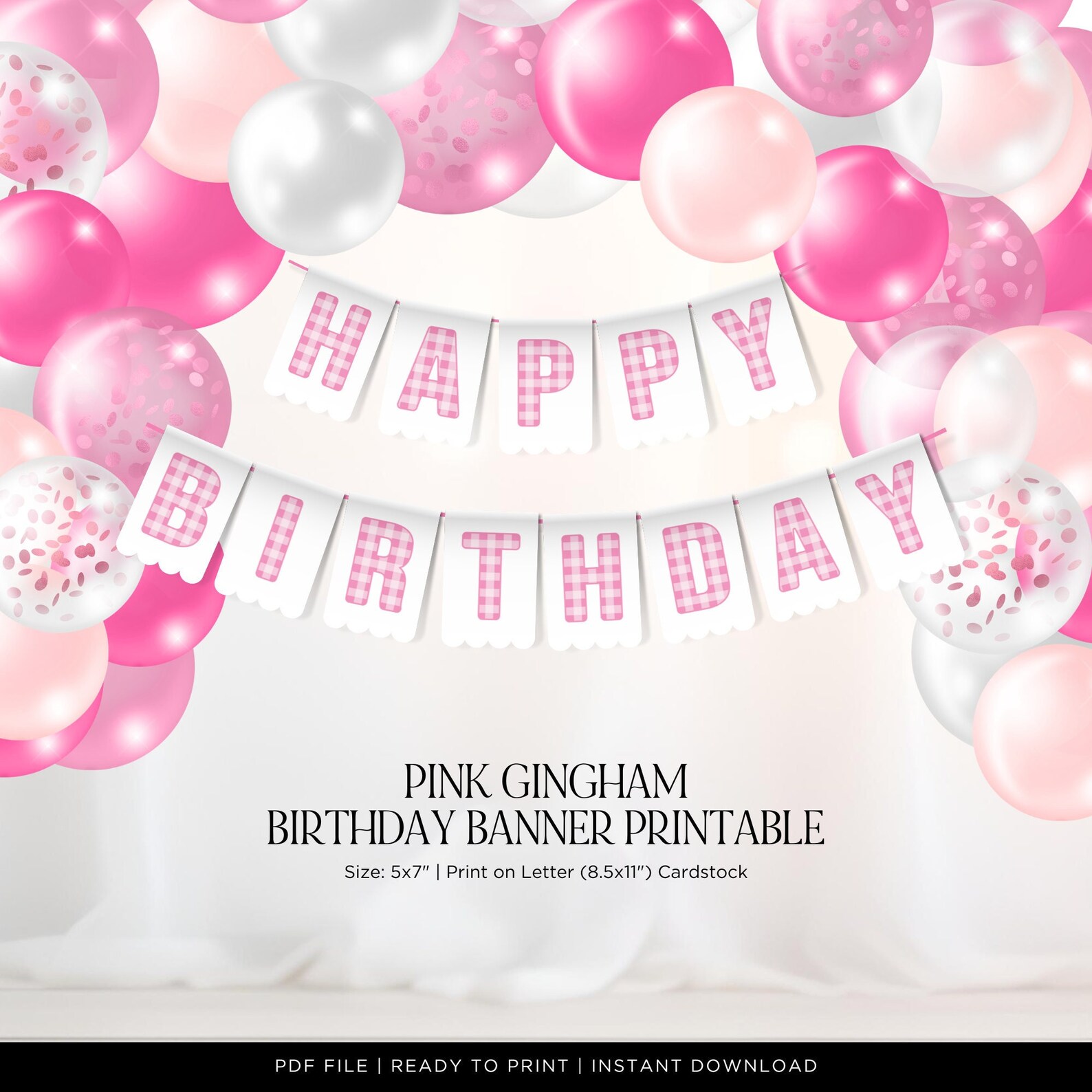 Pink Gingham Happy Birthday Banner Printable, Pink Gingham Birthday ...