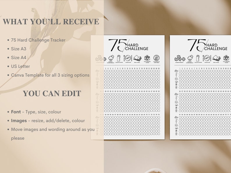EDITABLE 75 Hard Tracker Template Size A3, A4, US Letter Canva Editable ...