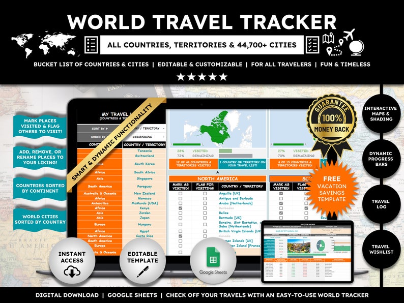 Digital Travel Tracker World Travel Checklist Travel Bucket List World ...
