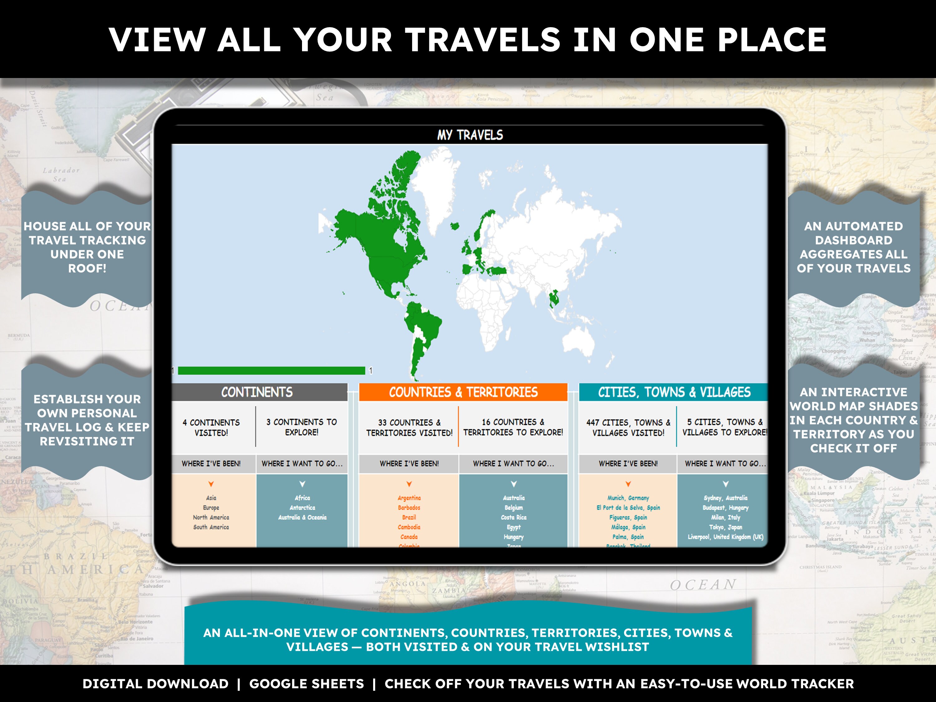 Digital Travel Tracker World Travel Checklist Travel Bucket List World ...