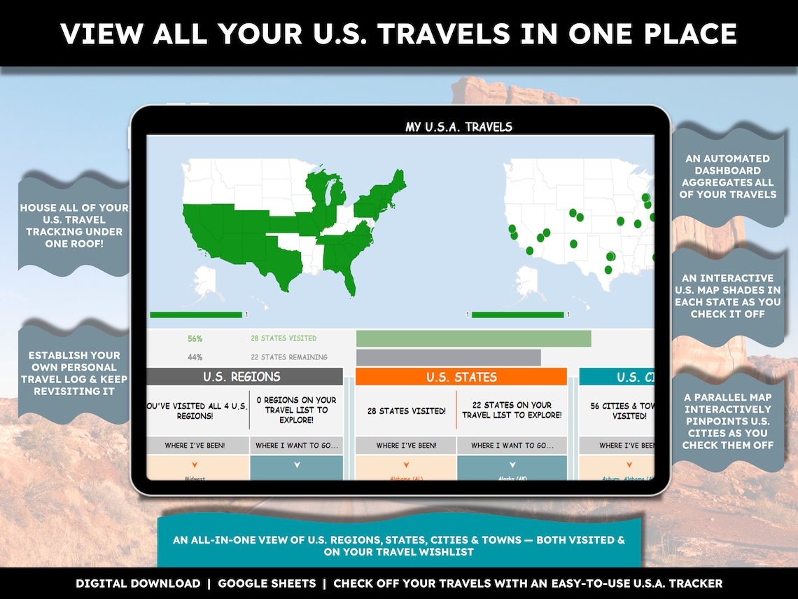 States Visited Google Sheets, USA Map, 50 States, Travel Bucket List ...