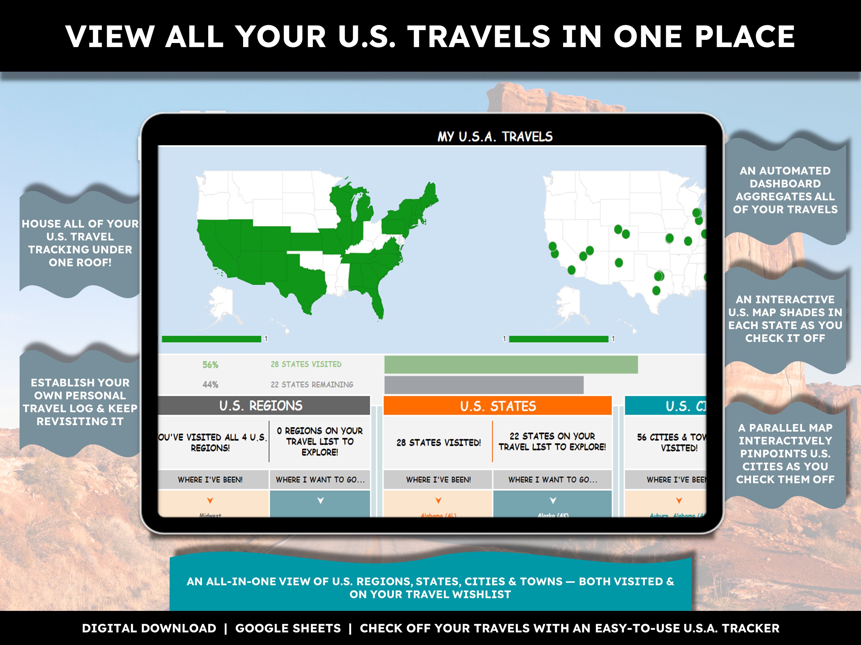 States Visited Google Sheets, USA Map, 50 States, Travel Bucket List ...