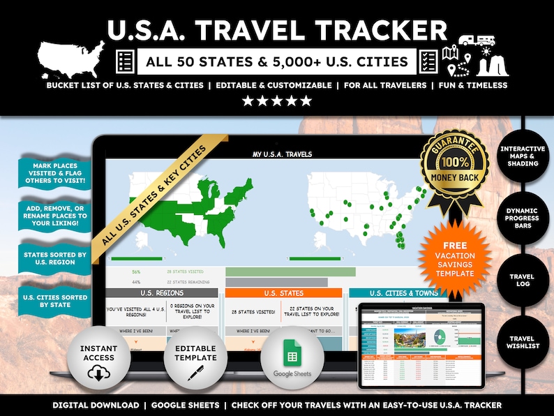 States Visited Google Sheets, USA Map, 50 States, Travel Bucket List ...
